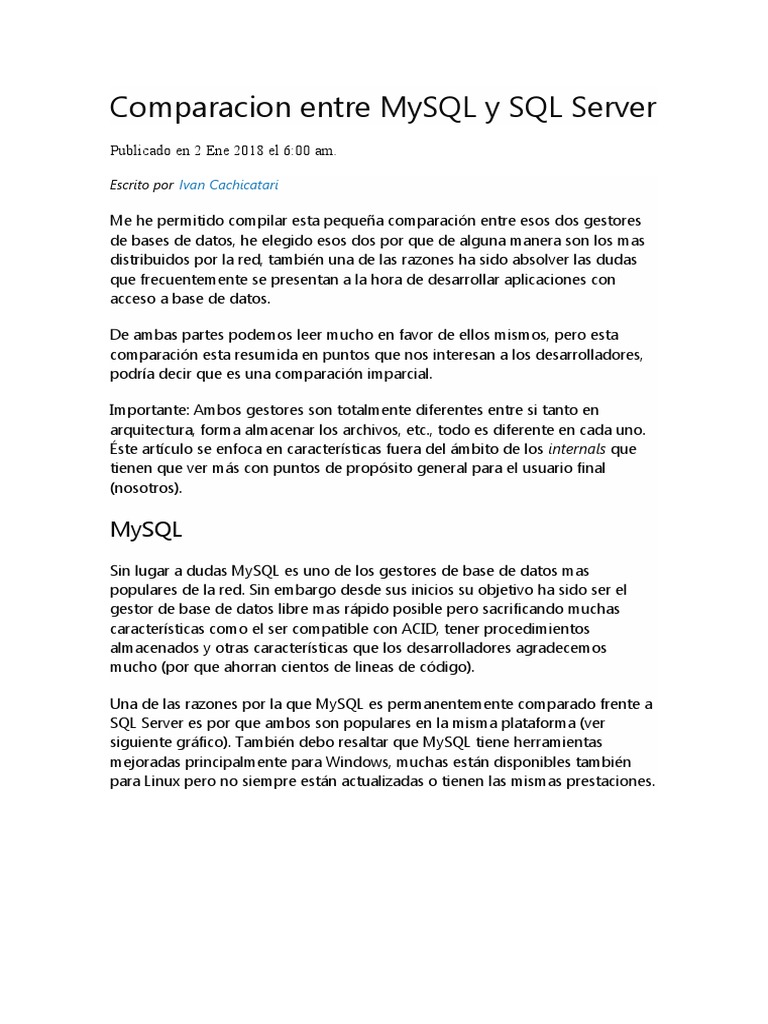 Comparacion Entre MySQL y SQL Server | PDF | Servidor SQL de Microsoft ...