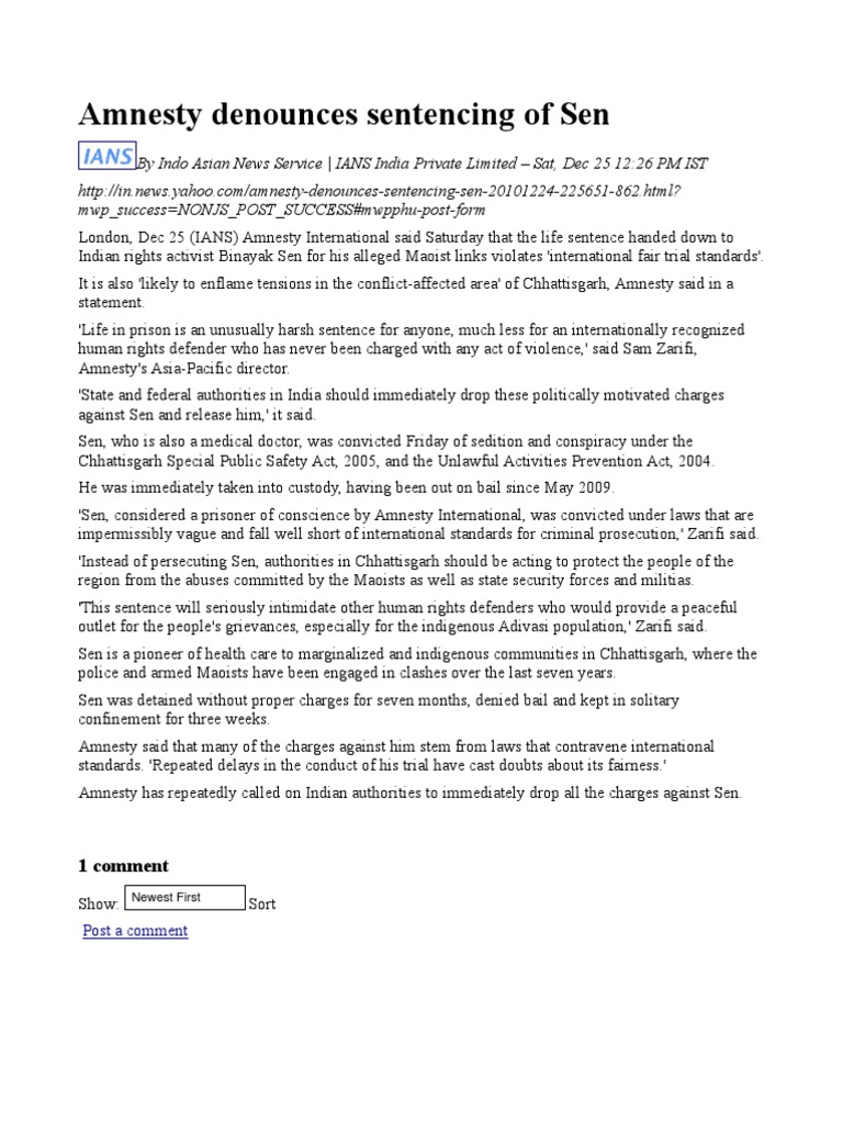 Amnesty Denounces Sentence | PDF | Amnesty International | Applied Ethics