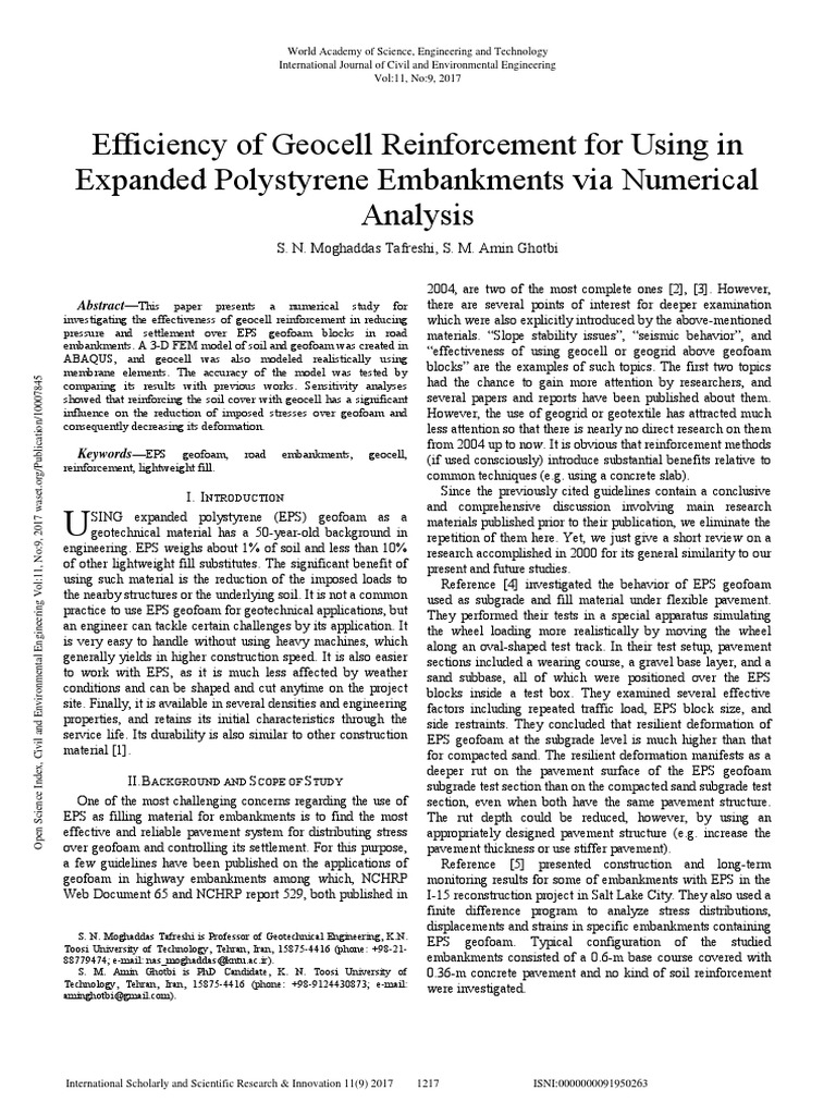 Efficiency of Geocell Reinforcement For Using in Expanded Polystyrene Embankments Via Numerical ...