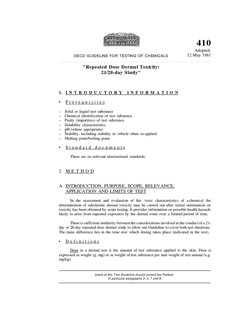 "Repeated Dose Dermal Toxicity: 21/28-Day Study": Adopted: 12 May 1981 | PDF | Toxicity | Dose ...
