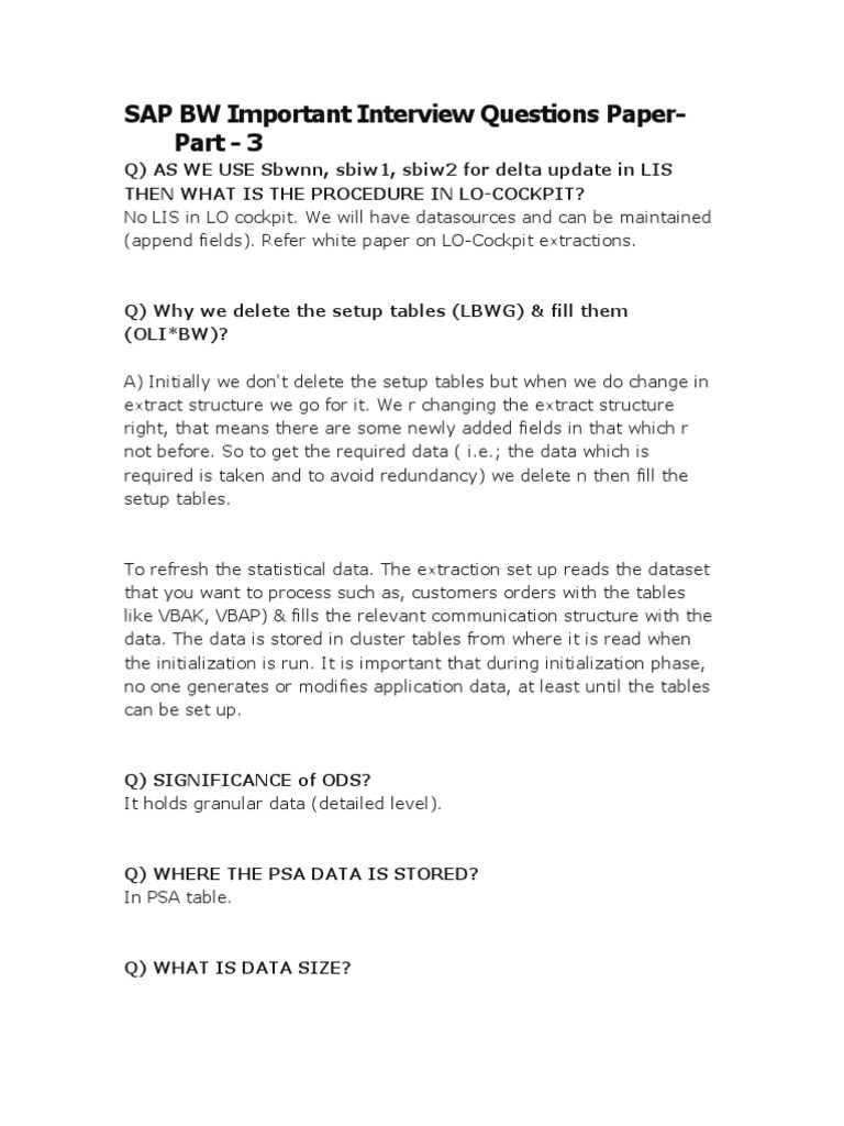 SAP BW Important Interview Questions Paper | PDF | Subroutine ...