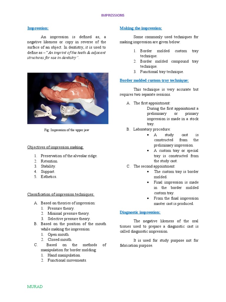 Structures For Use in Dentistry".: Impression: Making The Impression ...