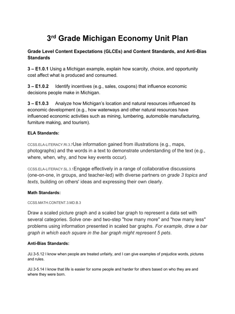3 Grade Michigan Economy Unit Plan | PDF | Economics | Community