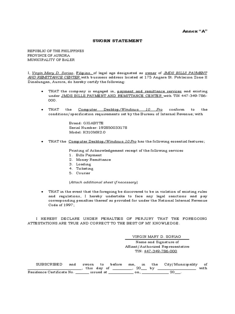 Sworn Statement Annex A | PDF