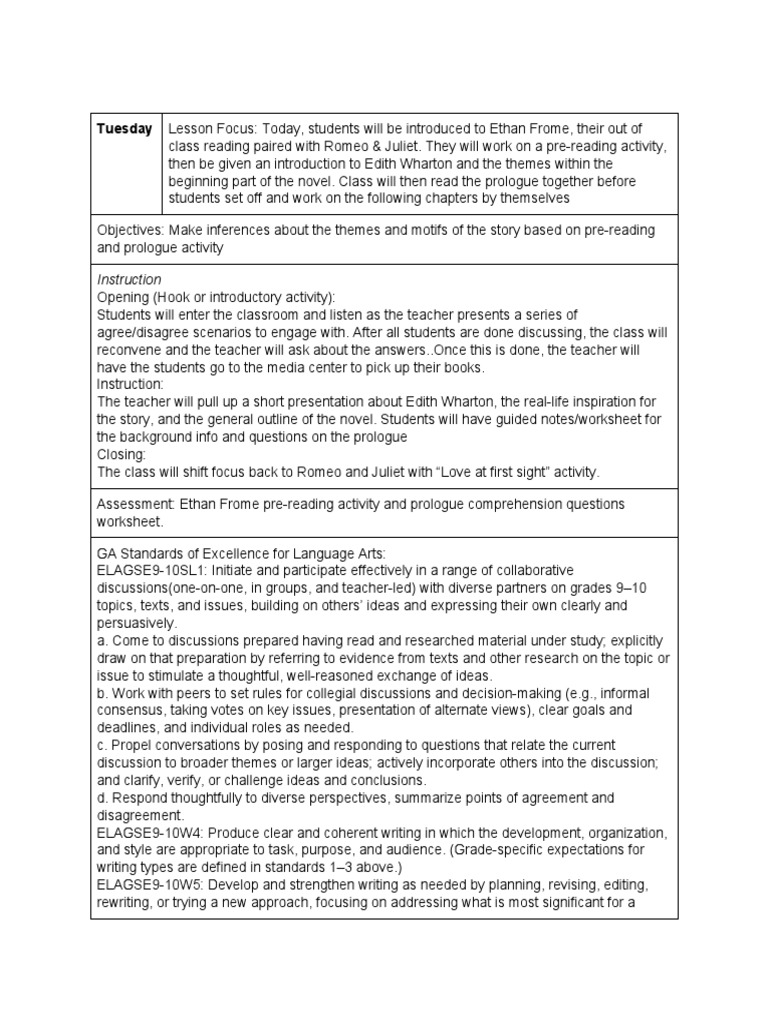 Ethan Frome Intro Lesson Plan | PDF | Reading Comprehension | Teachers