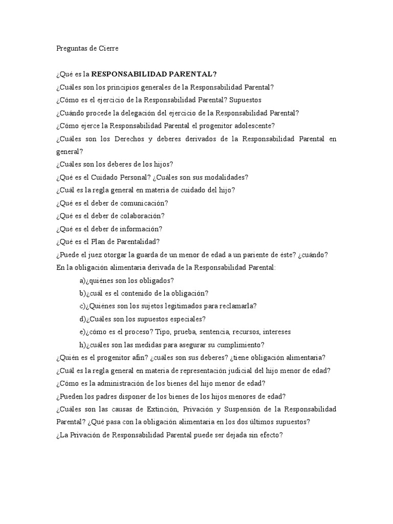 Responsabilidad Parental PREGUNTAS DE CIERRE | PDF