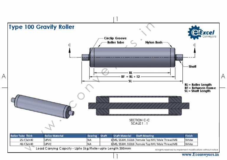 Type 100 Gravity Roller: Nylon Bush Roller Tube Circlip Groove | PDF