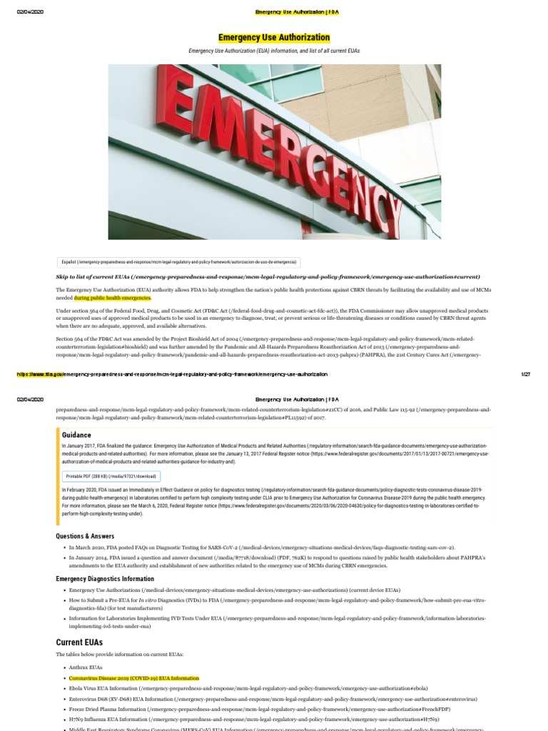 Emergency Use Authorization (Eua) Information, and List of All Current ...