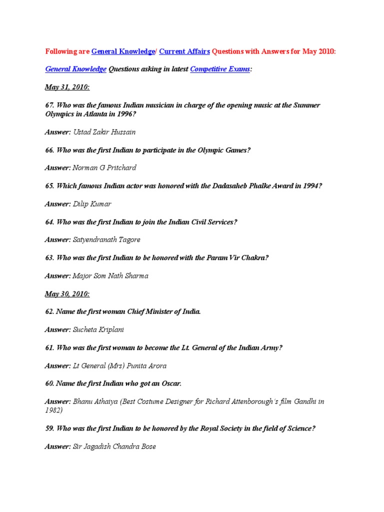 General Knowledge Competitive Exams: Following Are / Questions With ...