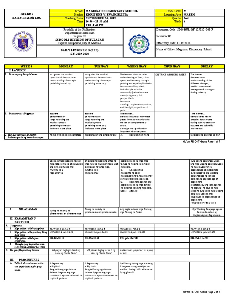 DLL-FORMAT-for-5-MAPEH 5 - Q2 - W4 | PDF | Behavior Modification | Teaching