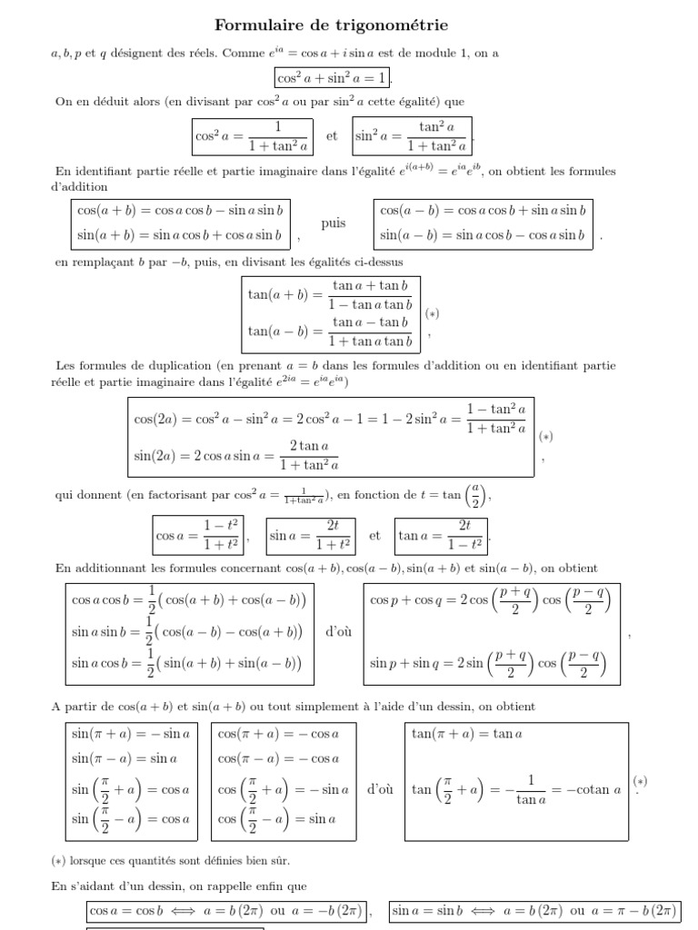 Formulaire de trigonométrie avancée | PDF | Enseignement des ...