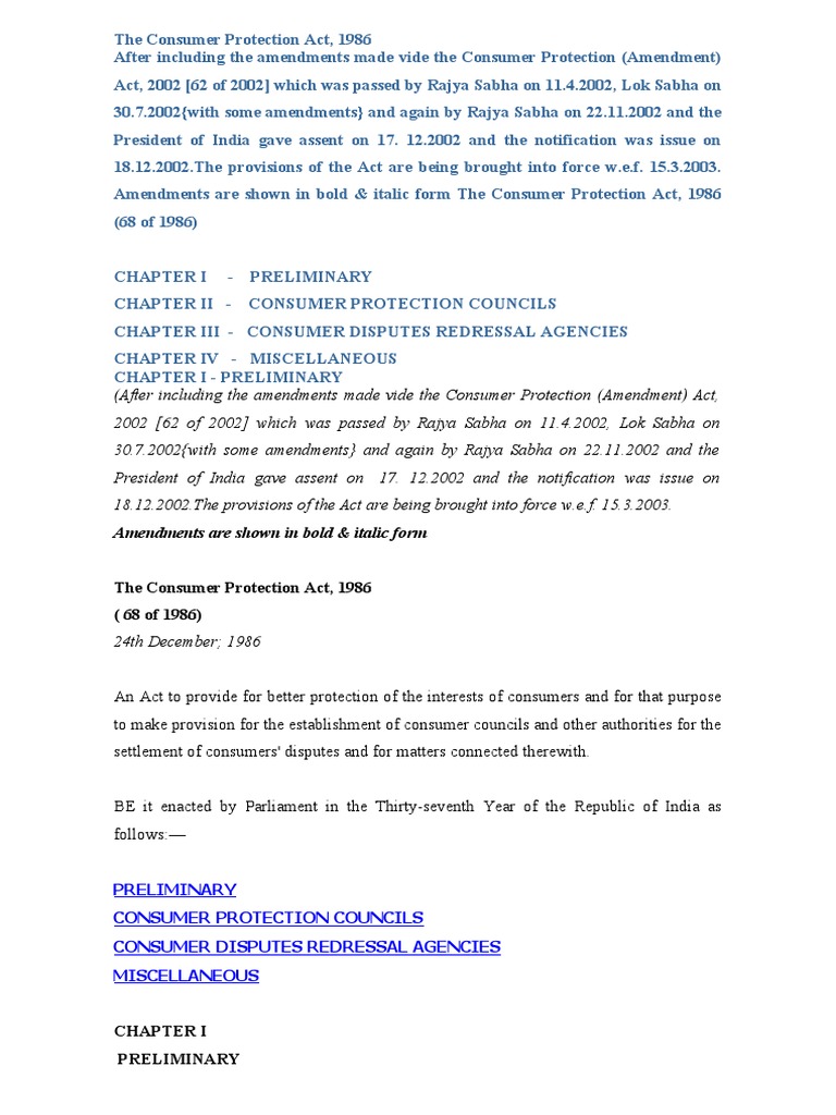 Amendments Are Shown in Bold & Italic Form: The Consumer Protection Act ...