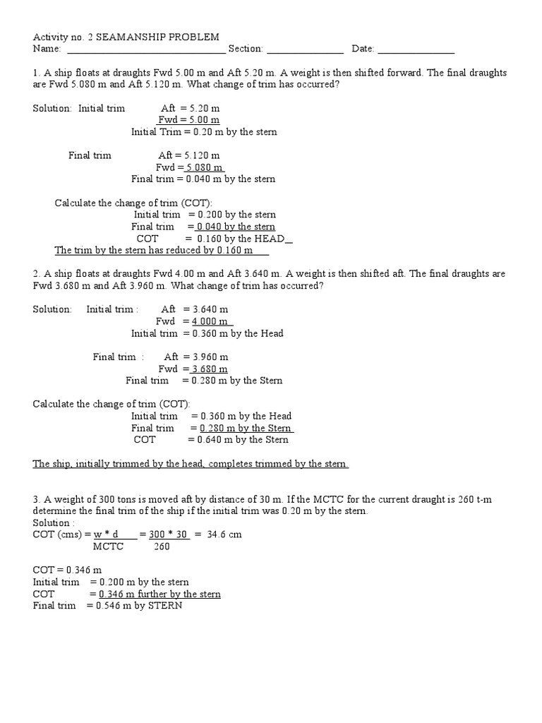 SEAMANSHIP PROBLEM Trim With Answer | PDF | Science & Mathematics