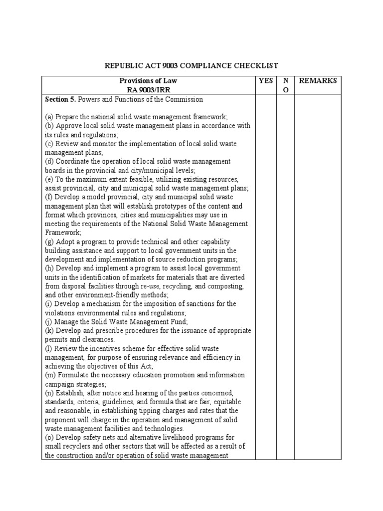 RA 9003 Compliance Checklist | PDF | Landfill | Waste Management