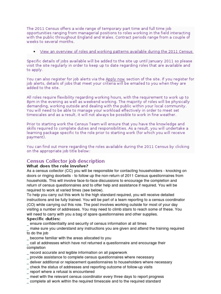Census Collector Job Description: What Does The Role Involve? | PDF ...