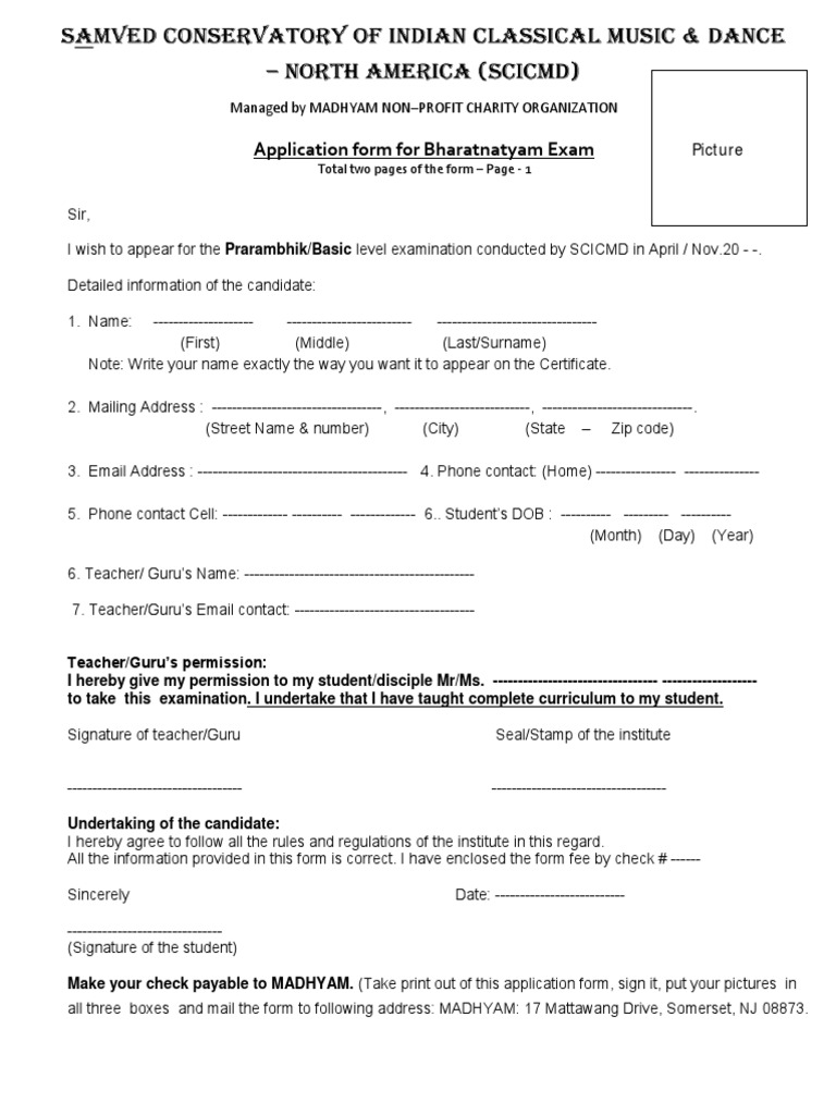 Application Form For Bharatnatyam Exam: Total Two Pages of The Form ...