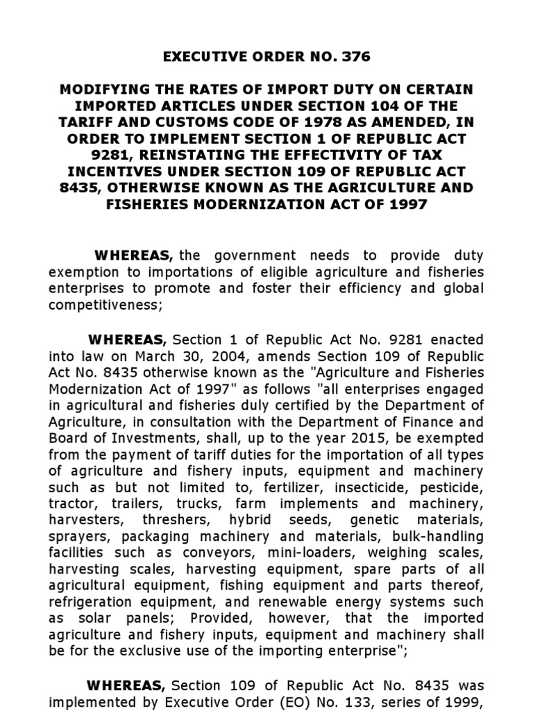 EO 376 | President Of The Philippines | Agricultural Machinery | Free ...