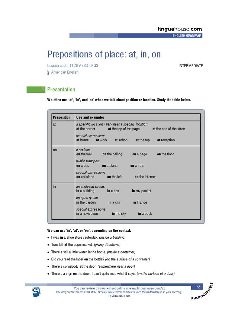 Prepositions of Place at in On American English Intermediate b1 b2 ...