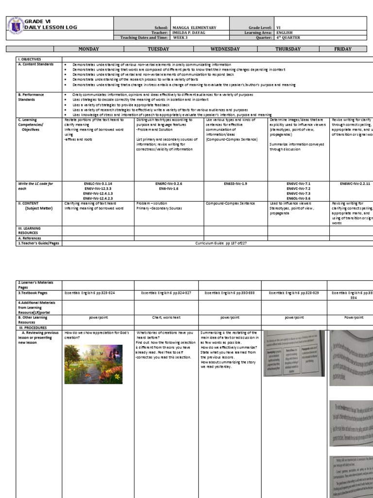 Grade Vi Daily Lesson Log: Write The LC Code For Each | PDF | Nonverbal ...
