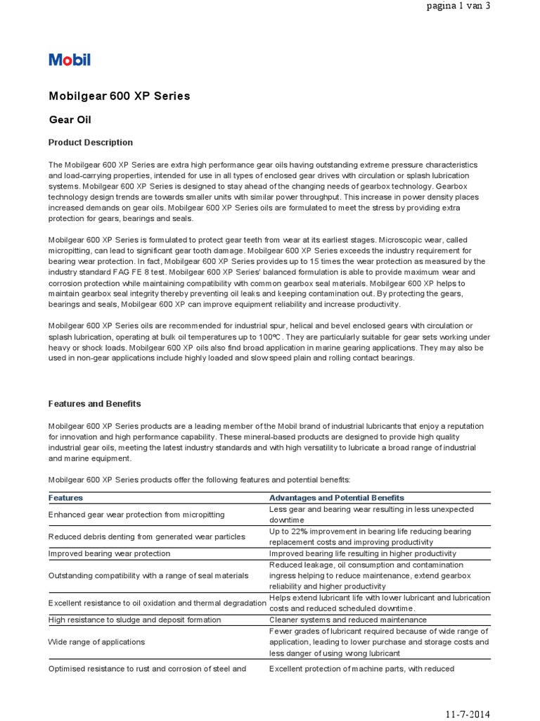 Mobil Mobilgear 600XP Datasheet | PDF | Lubricant | Gear