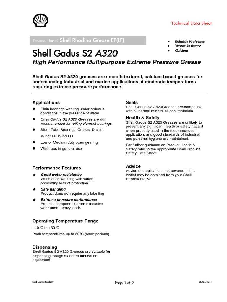 Shell Gadus S2 A320 Datasheet | PDF | Bearing (Mechanical) | Mechanical ...