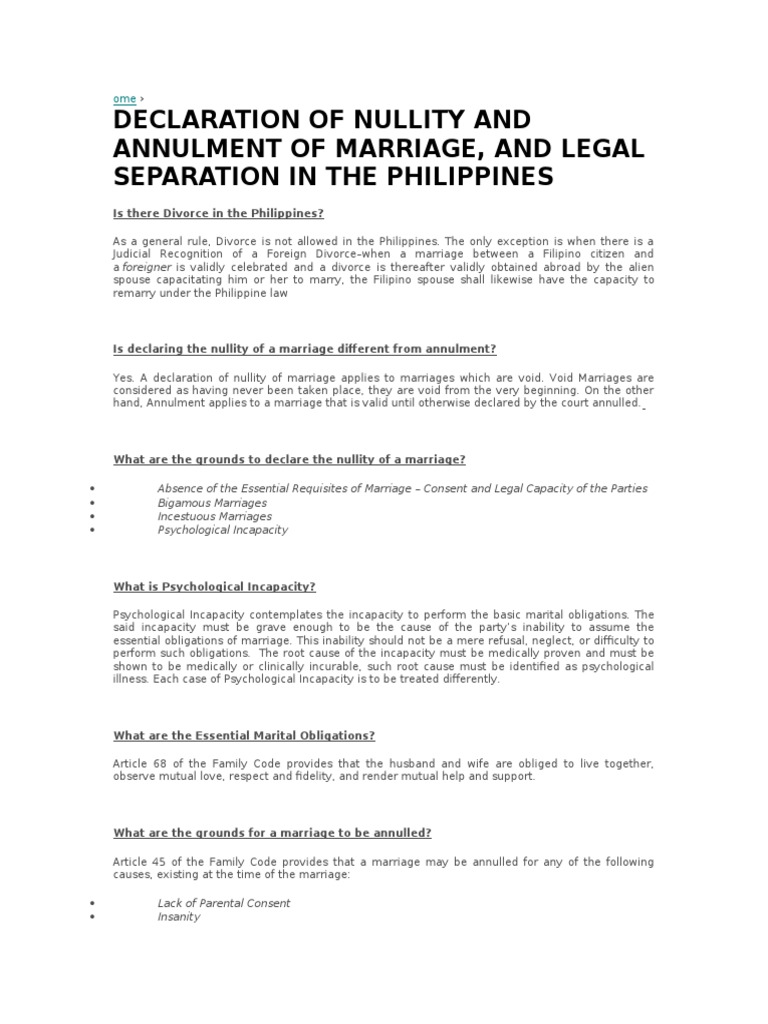 Declaration of Nullity and Annulment of Marriage, and Legal Separation in The Philippines | PDF ...