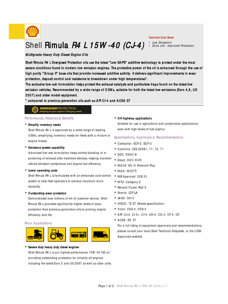Shell Rimula R4L 15W-40 Datasheet | Download Free PDF | Exhaust Gas ...