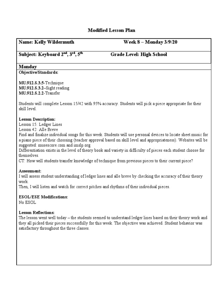 Modified Lesson Plan Name: Kelly Wildermuth Week 8 - Monday 3/9/20 ...