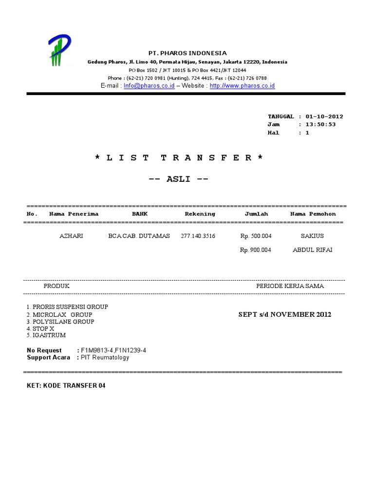 List Transfer - ASLI - : Info@pharos - Co.id | PDF