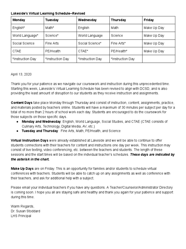 Revised Lakeside Virtual Learning Schedule | PDF | Physical Education ...