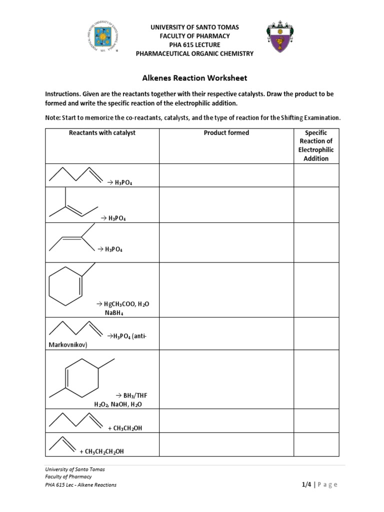 Alkenes Reaction Worksheet PDF | PDF | Chemical Reactions | Catalysis