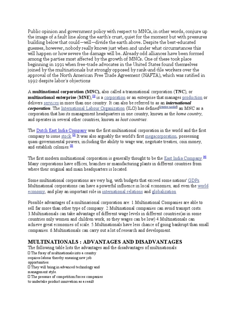 Multinational Enterprise (MNE) ,: Corporation Production Services ...