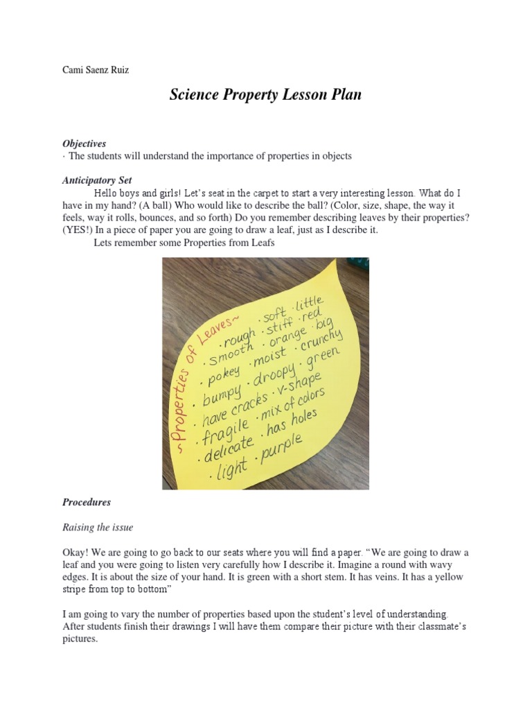 Science Property Lesson Plan: Objectives | PDF | Leaf | Learning