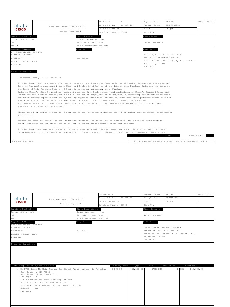 Cisco Purchase Order T5470002173 | PDF | Accounts Payable | Invoice
