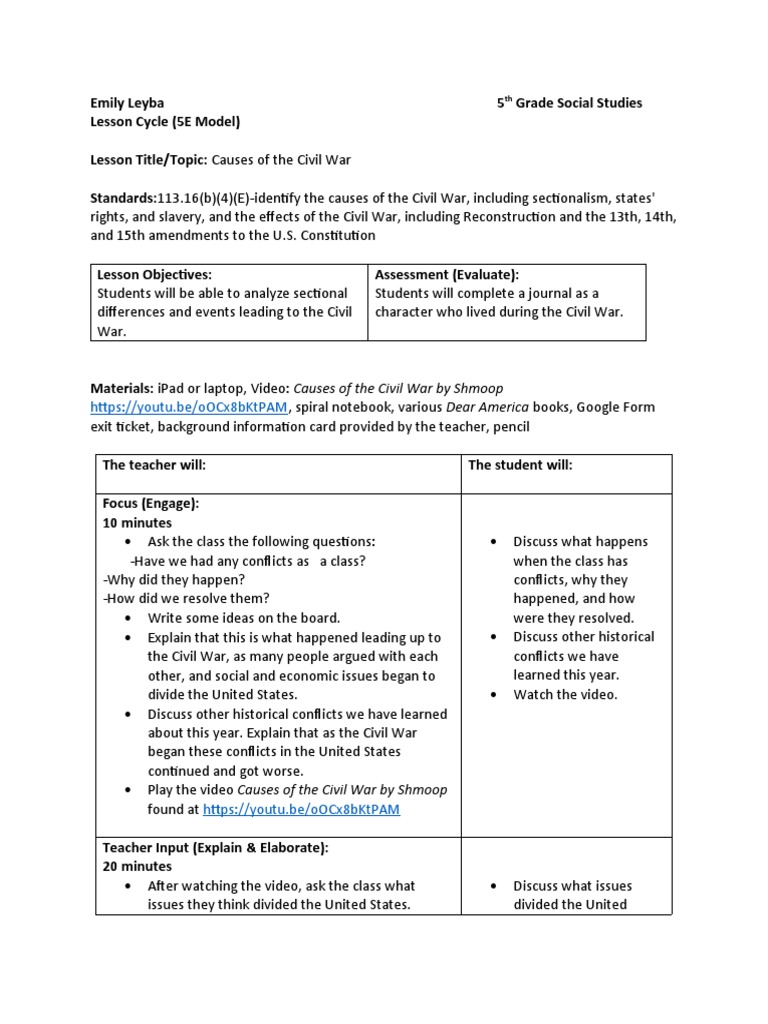 5th Grade Social Studies Lesson Plan | PDF | American Civil War ...