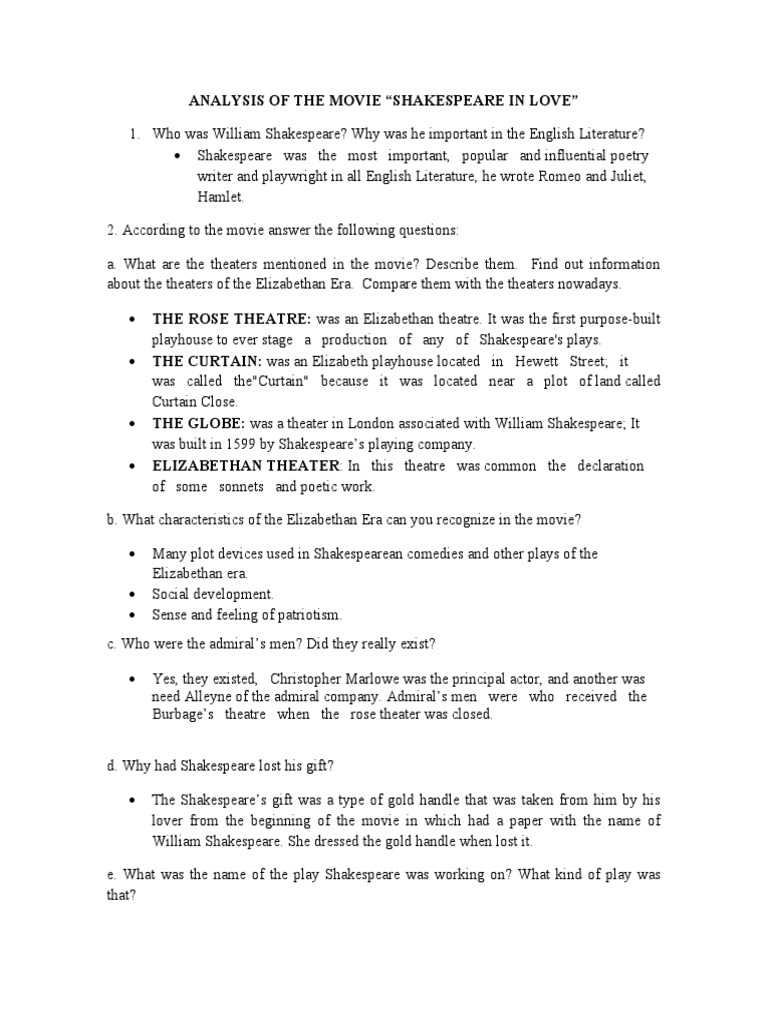 Analysis of "Shakespeare in Love" | PDF | William Shakespeare | Theatre