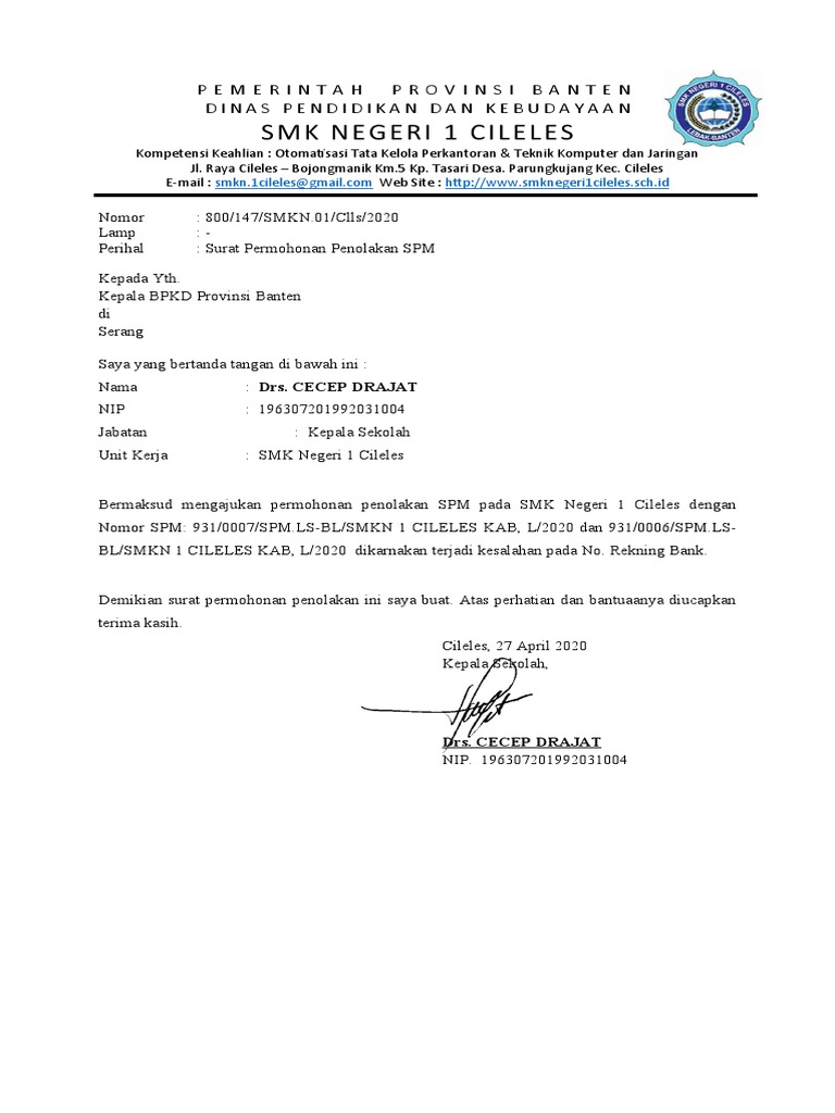 Surat Permohonan Penolakan SPM | PDF