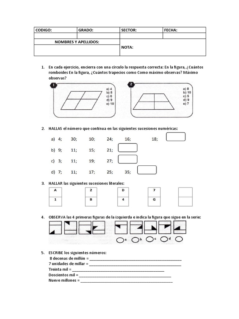 Prueba Matematicas 5to Grado | PDF