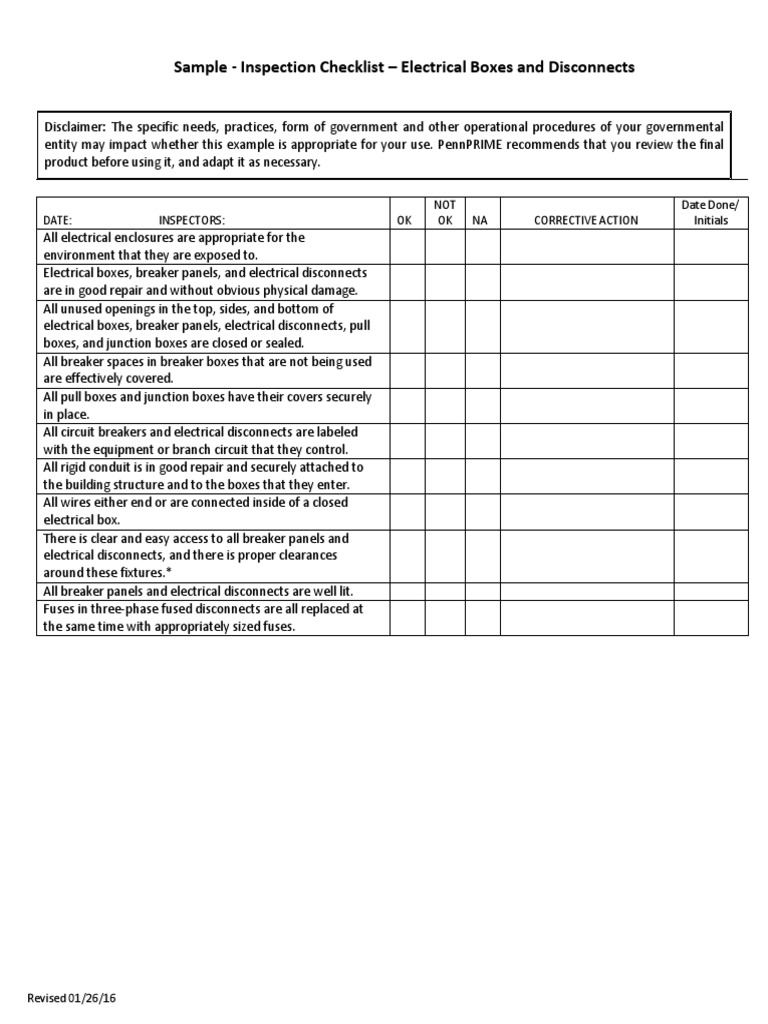 Sample - Inspection Checklist - Electrical Boxes and Disconnects | PDF ...