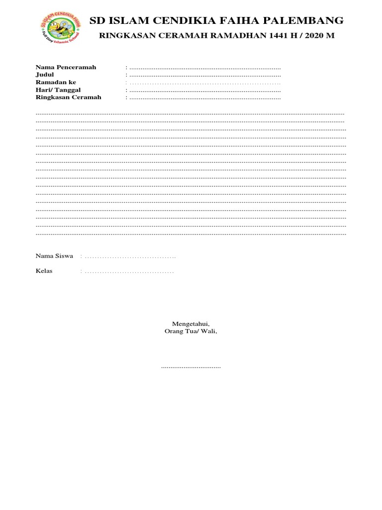 Format Ringkasan Ceramah Ramadhan 1441 H - 2020 Sdi CF PDF | PDF