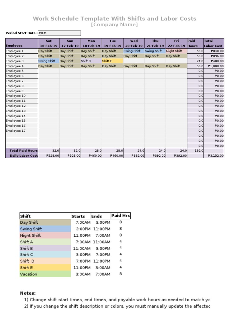 Work Schedule Template With Shifts and Labor Costs: (Company Name ...