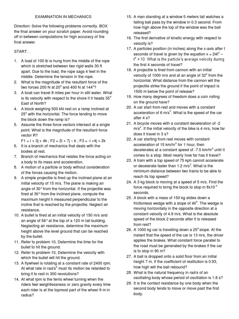 Mechanics Exam For Review 2019 | PDF | Acceleration | Force