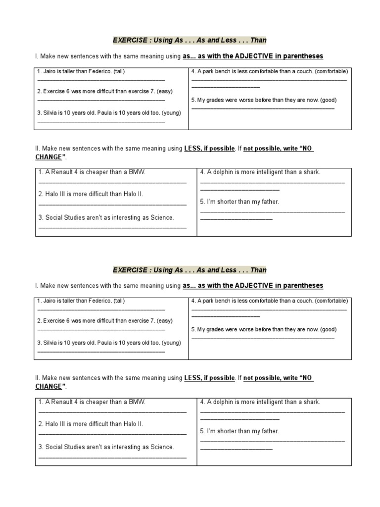 As...As and Less...Than Exercises | PDF