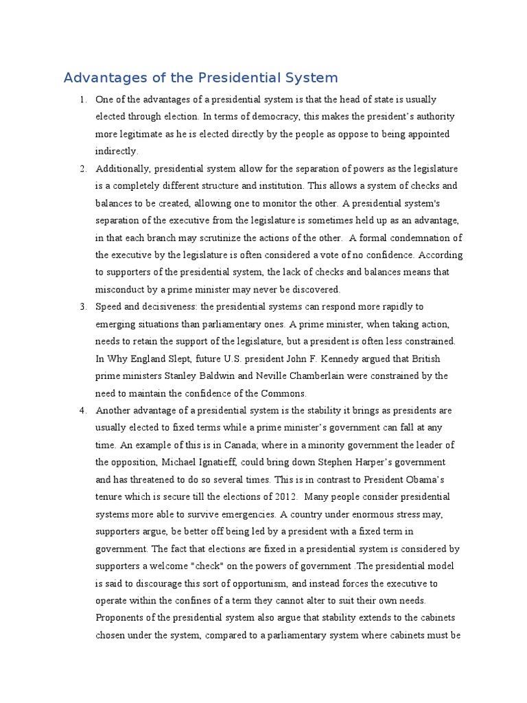 Advantages of The Presidential System | PDF | Government | Forms Of ...
