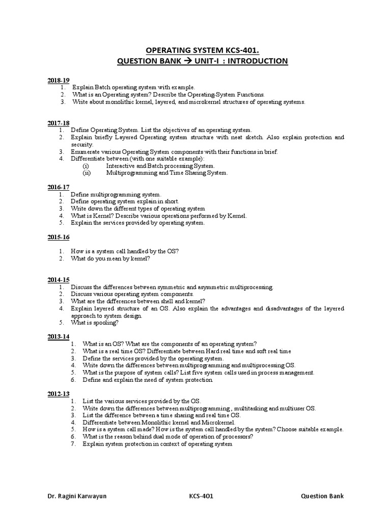 Operating System Kcs-401. Question Bank À Unit-I: Introduction | PDF | Kernel (Operating System ...