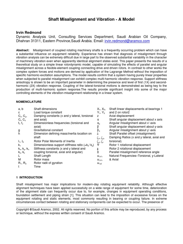 Shaft Misalignment and Vibration - A Model | PDF | Rotation Around A ...