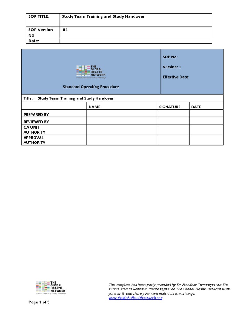 Study Team Training and Study Handover SOP | PDF | Clinical Trial ...