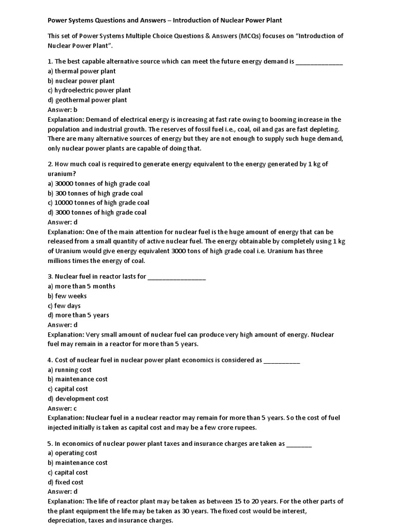 Questions and Answers - Nuclear Power Plant | PDF | Nuclear Reactor ...