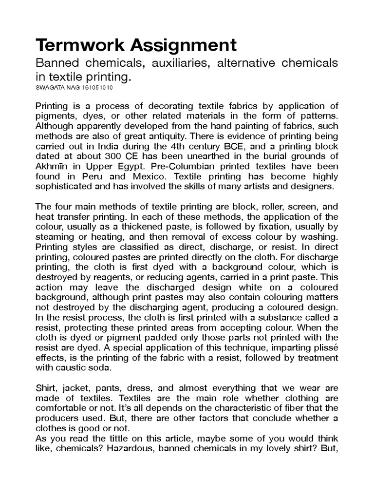 Termwork Assignment: Banned Chemicals, Auxiliaries, Alternative Chemicals in Textile Printing ...