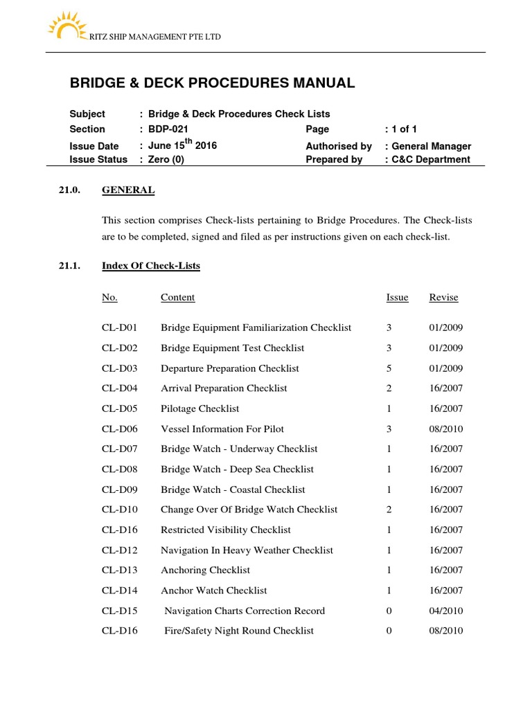 BRG & DK Procedures Checklist Forms | PDF | Navigation | Ships